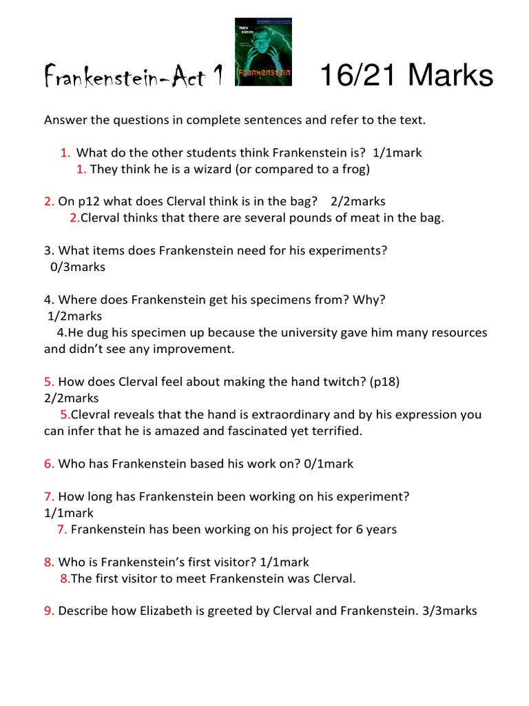 Frankenstein Act 1 Comprehension Questions 1 | PDF