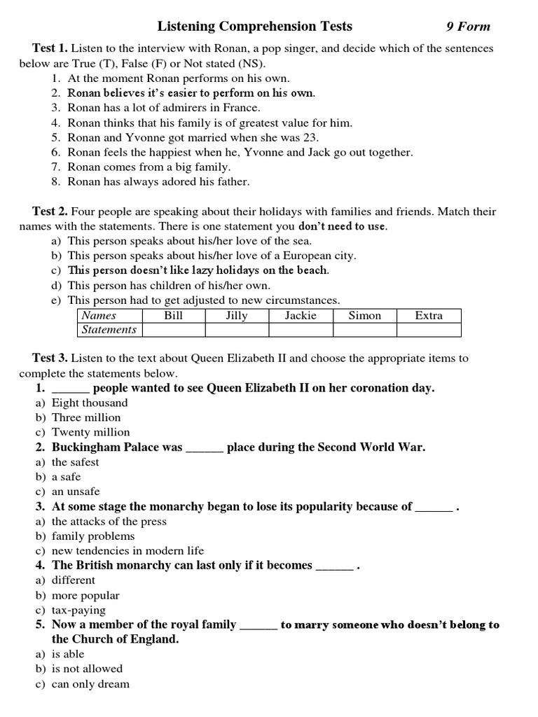 Grade 9 Listening Comprehension Tests | PDF | Queen Elizabeth The Queen ...