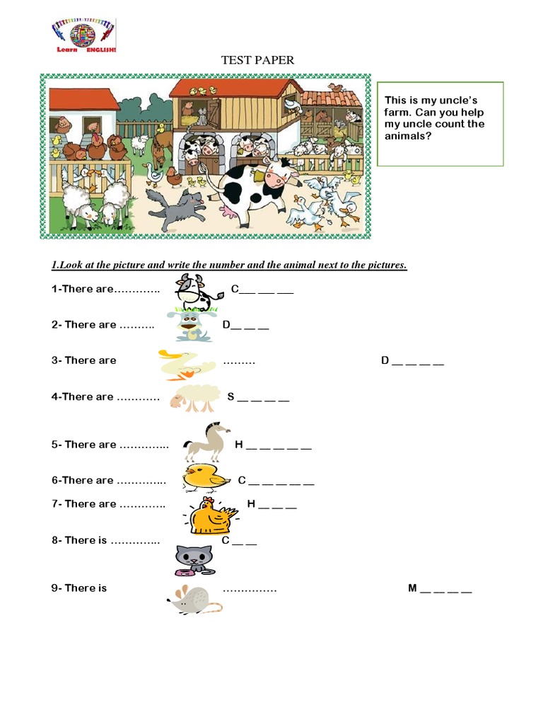 Test Paper: 1.look at The Picture and Write The Number and The Animal ...
