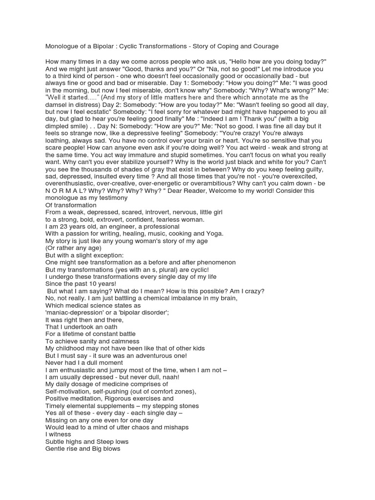 Monologue of A Bipolar | PDF | Behavioural Sciences | Psychological ...