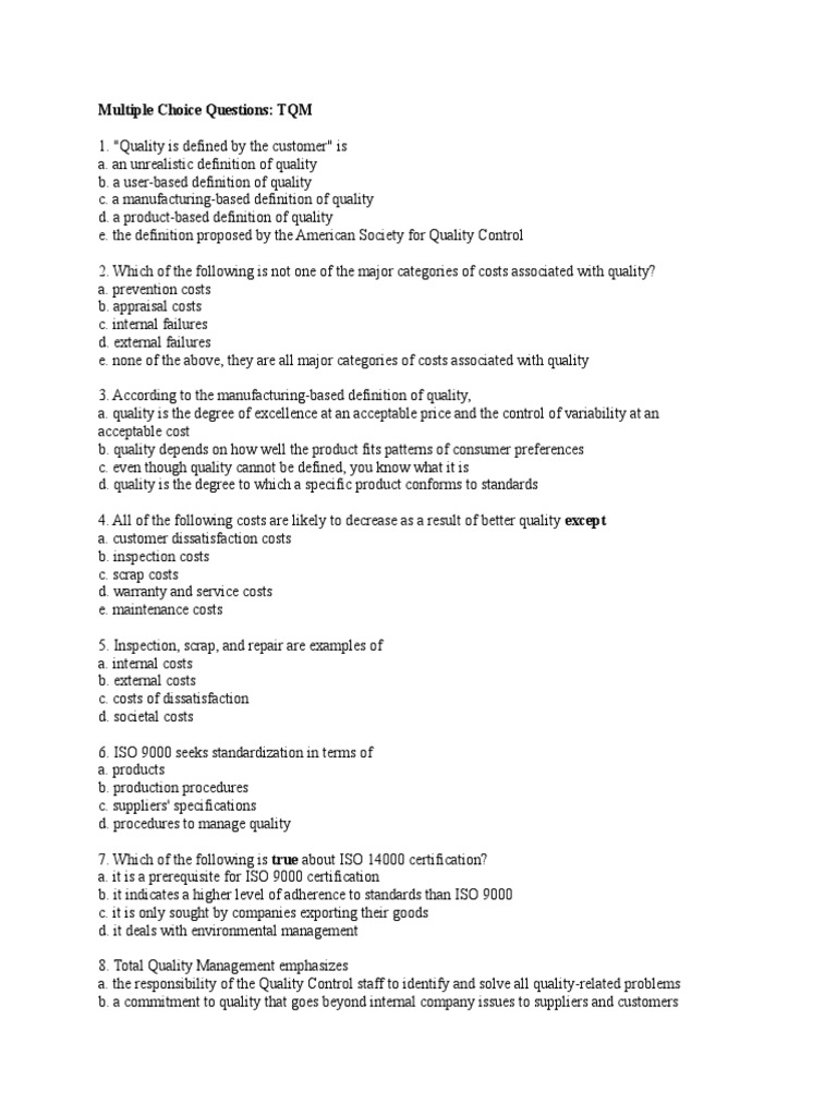 Multiple Choice Questions On TQM | Download Free PDF | Iso 9000 ...