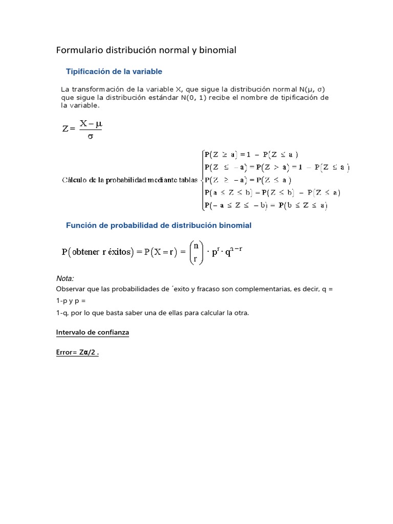 Formulario Distribución Normal y Binomial | PDF