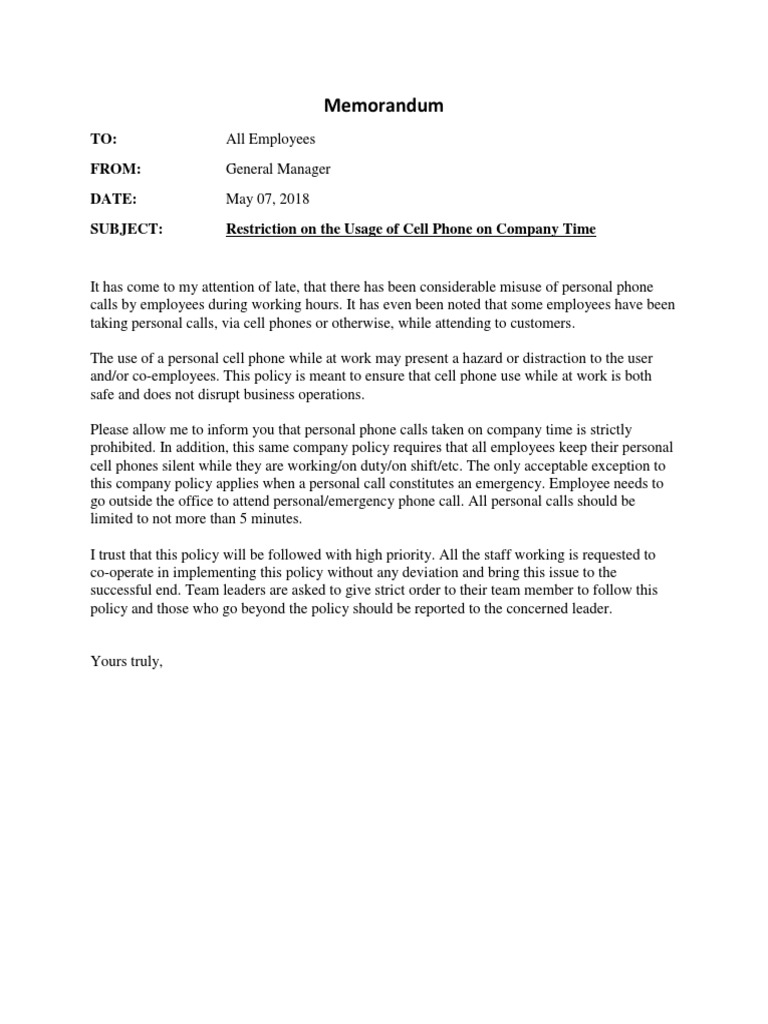 Memorandum: TO: From: Date: Subject: Restriction On The Usage of Cell ...