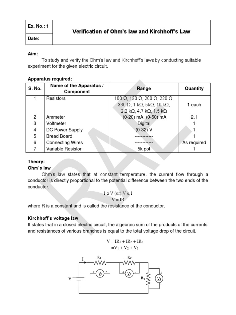 Exp 1 Verification of Ohm’s and Kirchhoff’s Laws | Voltage | Series And Parallel Circuits