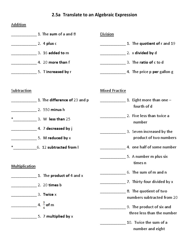 2.5a Translate To An Algebraic Expression | PDF | Subtraction ...