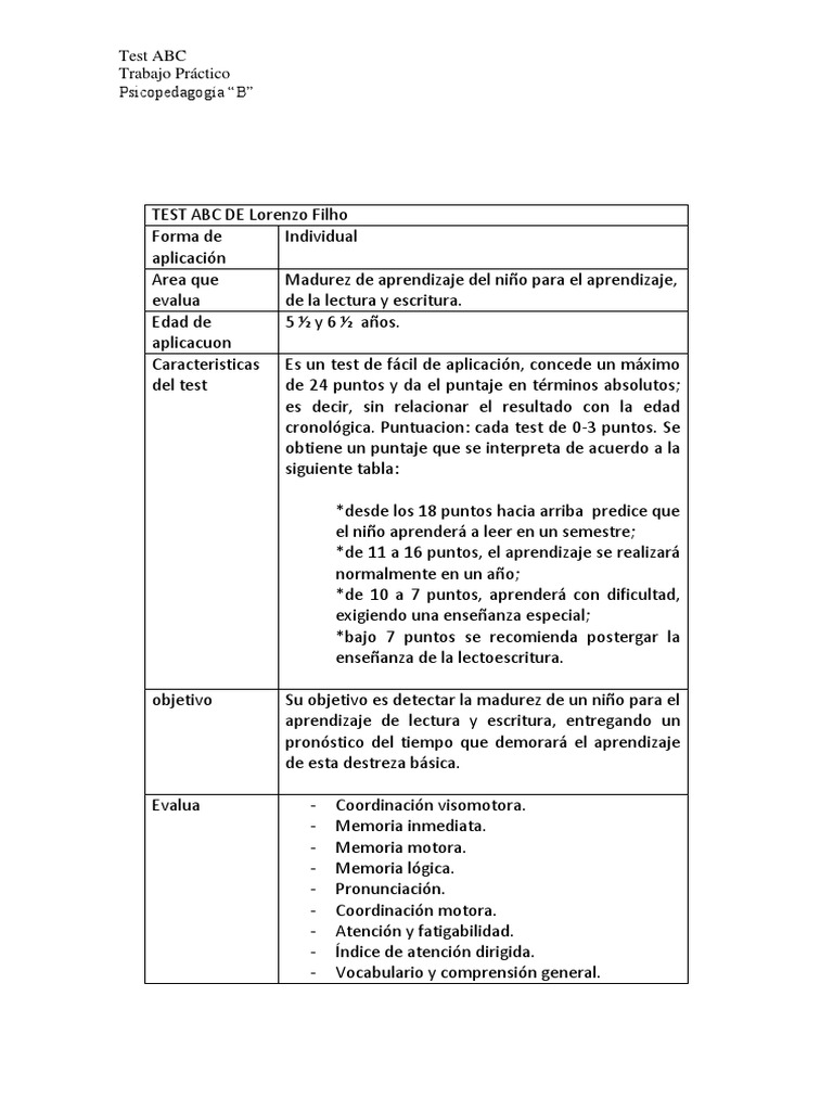 Test ABC de Lorenzo Filho: Evaluación Infantil | PDF | Lectura (proceso ...