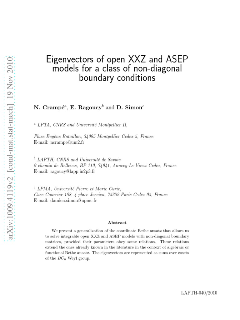 Eigenvectors of Open XXZ and ASEP Models For A Class of Non-Diagonal Boundary Conditions | PDF ...