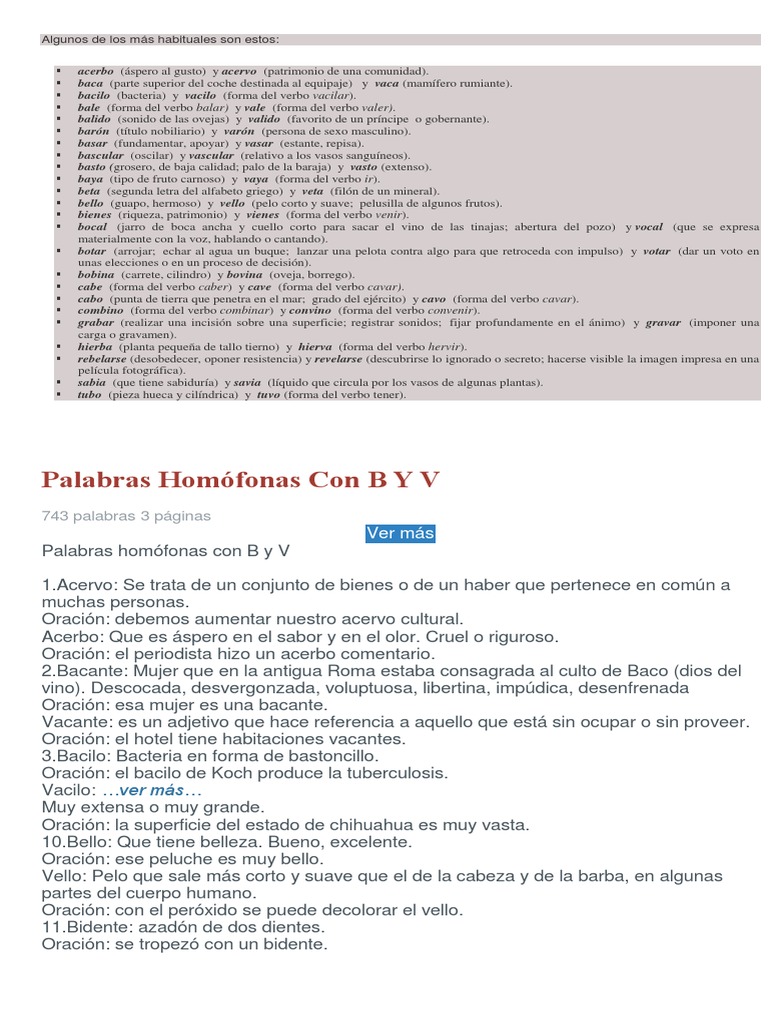 Homófonas con B y V: Ejemplos y Definiciones | PDF | Estudios de ...