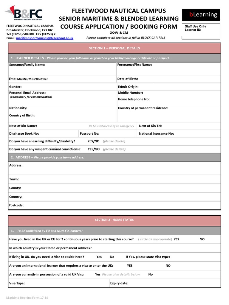 Maritime Course Booking Form 17.18 | PDF | Travel Visa | Cheque