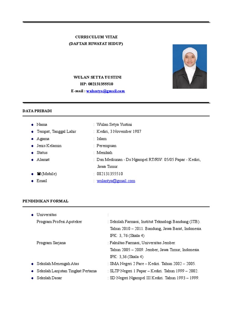 CV Apoteker Wulan Setya Yustini | PDF | Pengembangan Diri | Kesehatan ...