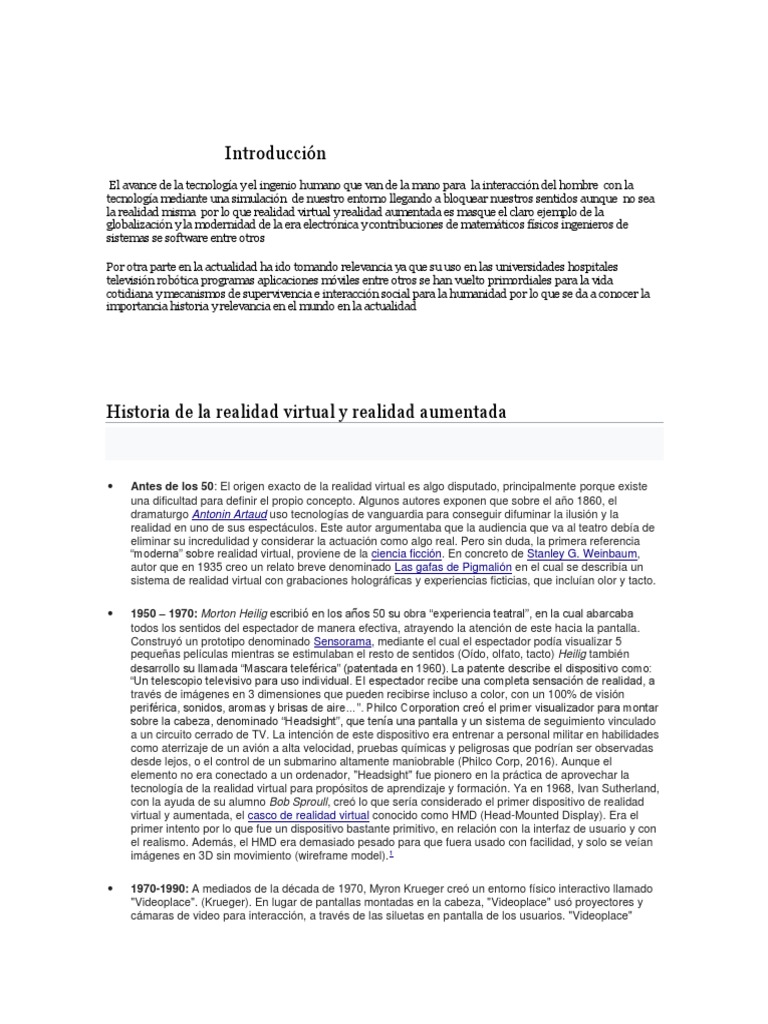 Historia de La Realidad Virtual 1 | PDF | Realidad virtual | Realidad ...