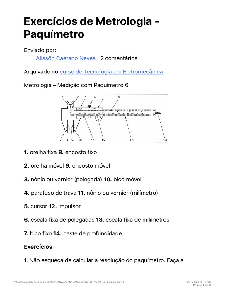 Exercícios de Metrologia - Paquímetro - Exercícios Sobre Paquímetro ...