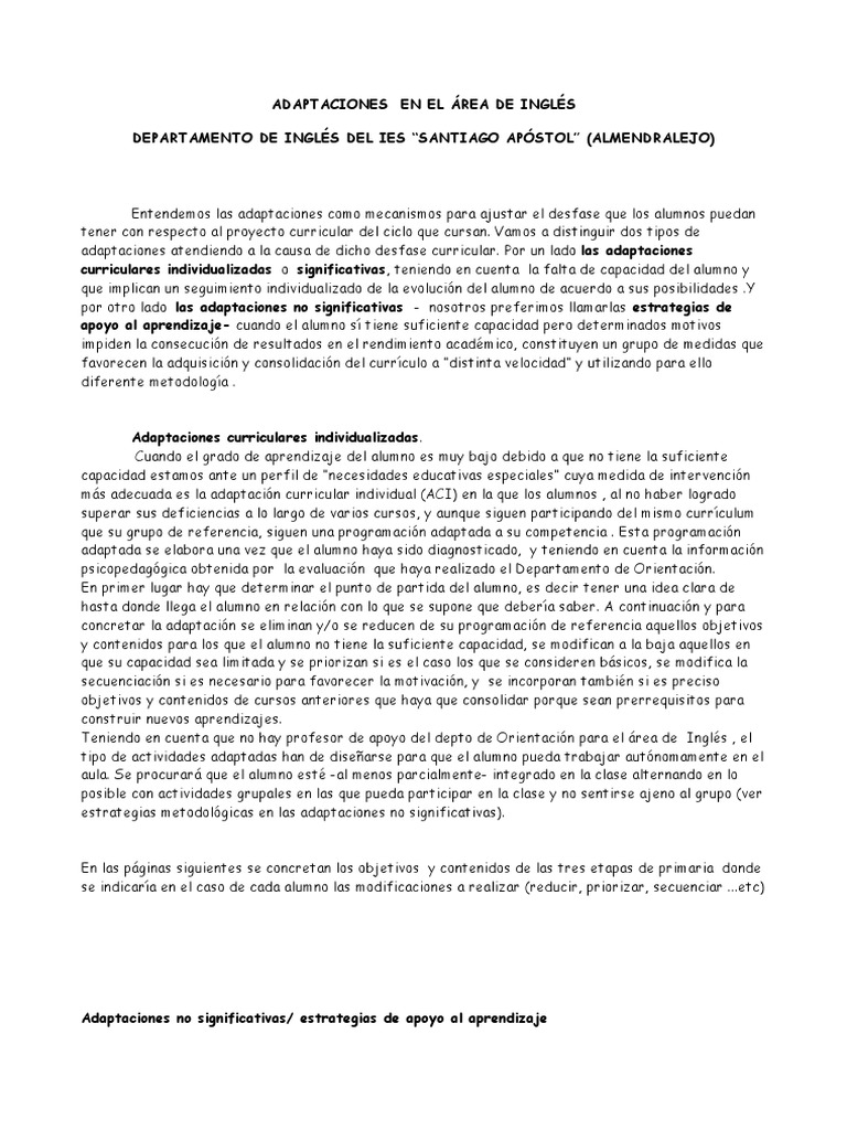 Adaptaciones Curriculares en Inglés | PDF | Plan de estudios | Aprendizaje