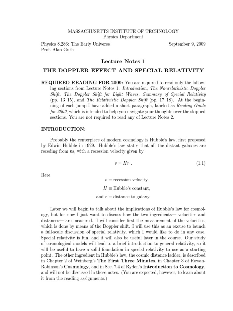 Lecture Notes 01 - The Doppler Effect and Special Relativity - Ebln1-1 ...