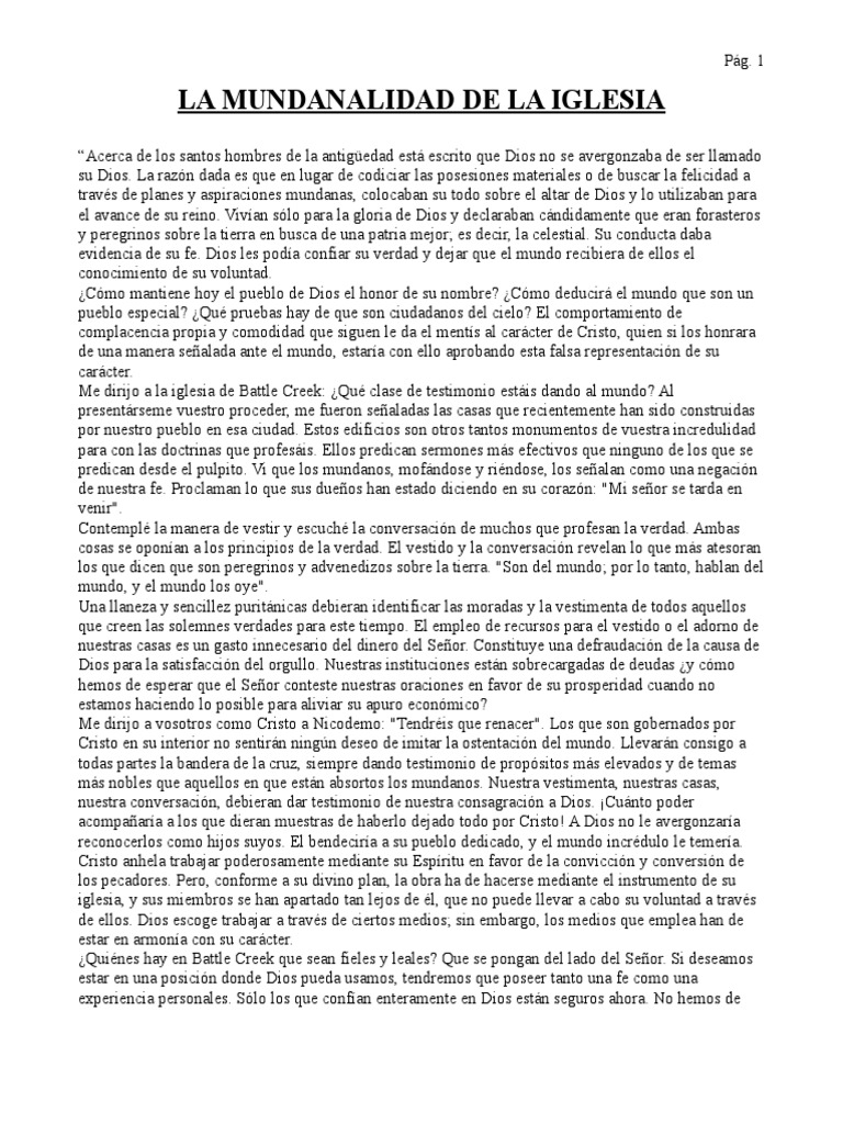 La Mundanalidad en La Iglesia, Ellen White | PDF | Cristo (título) | Fe