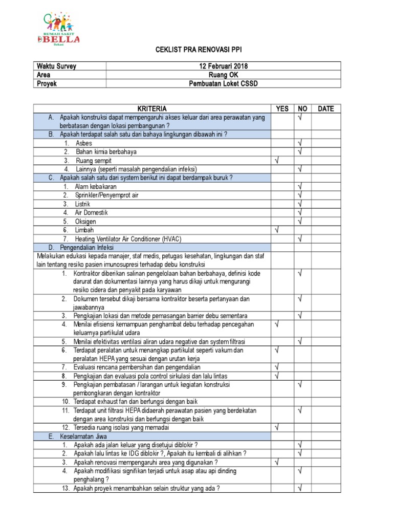 Ceklist Pra Renovasi Ppi CSSD | PDF