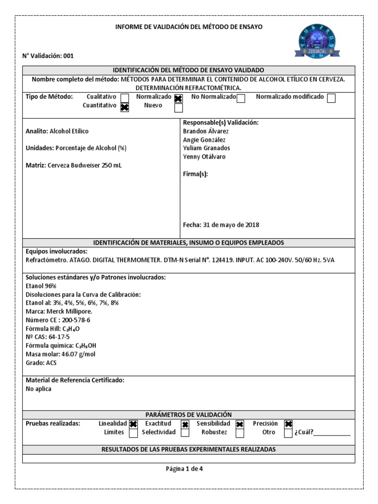 Formato Informe de Validación Del Método de Ensayo | PDF | Calibración | Etanol