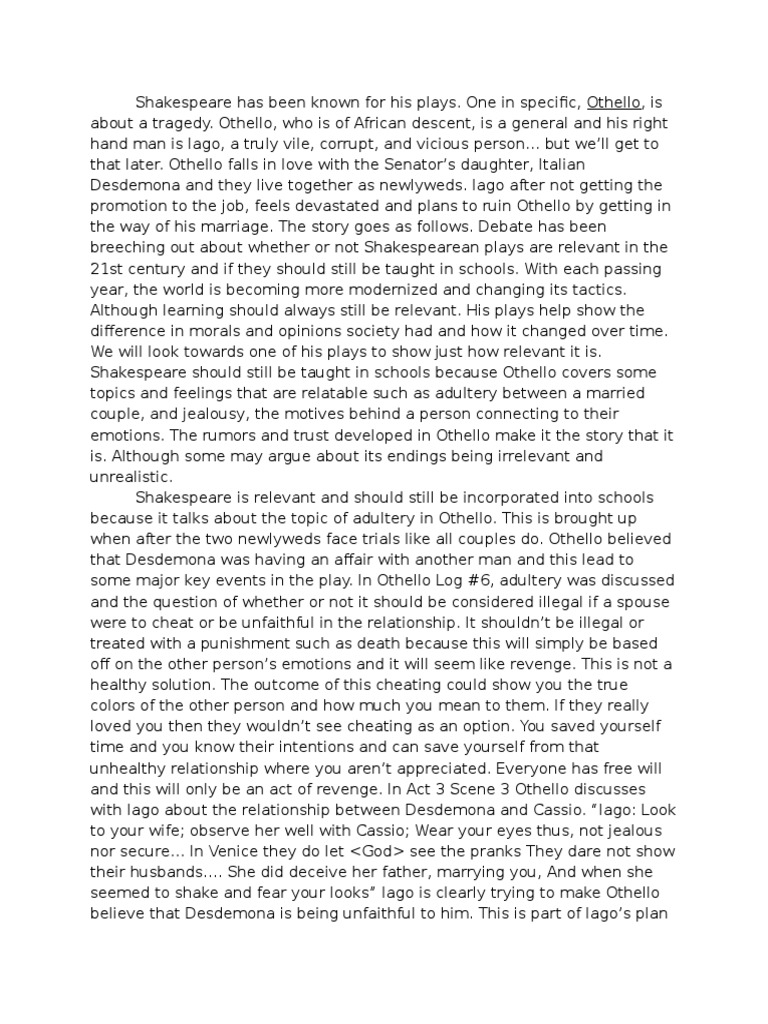 Othello Argumentative Essay | PDF | Iago | Othello