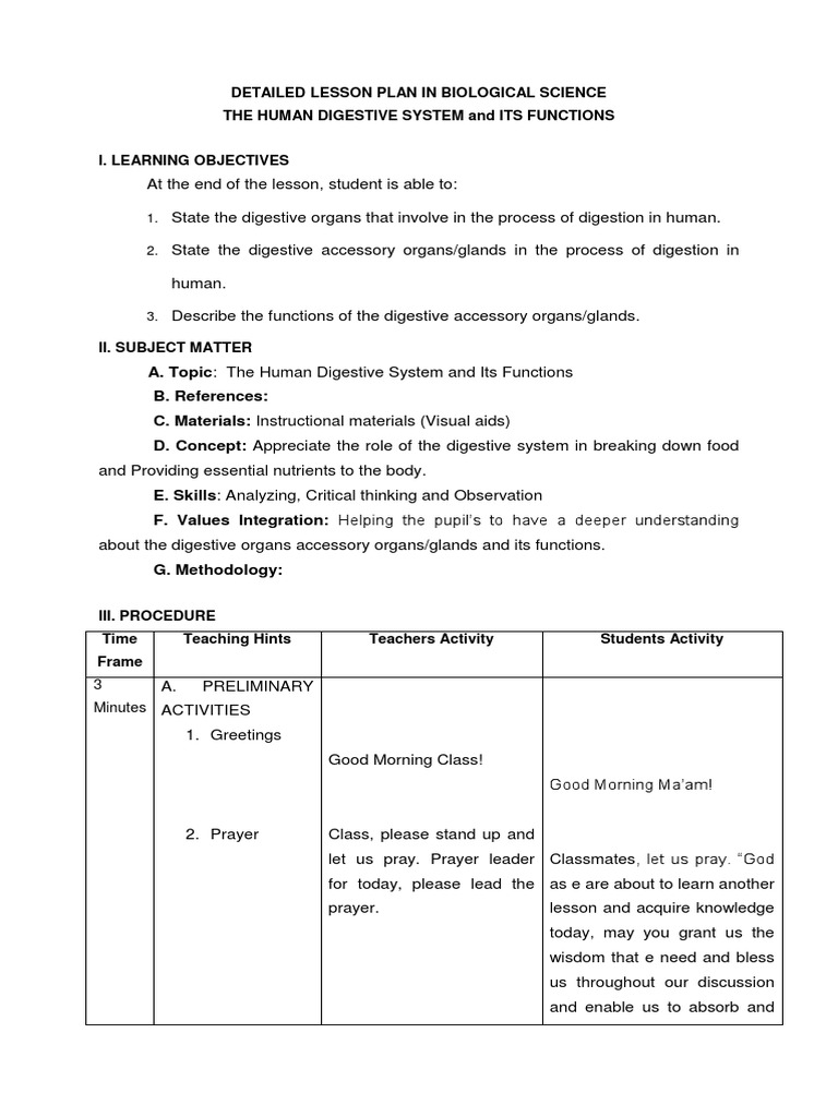 Detailed Lesson Plan in Biological Science | PDF | Human Digestive ...