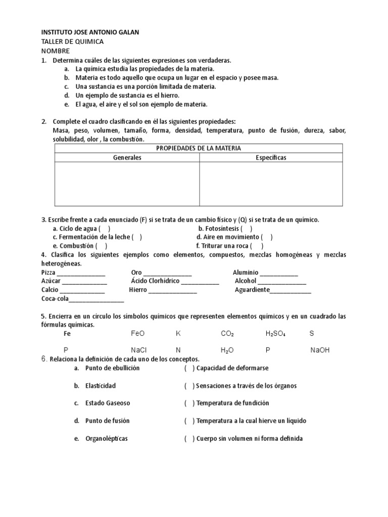 Taller de Química para Secundaria | PDF | Reacciones químicas ...