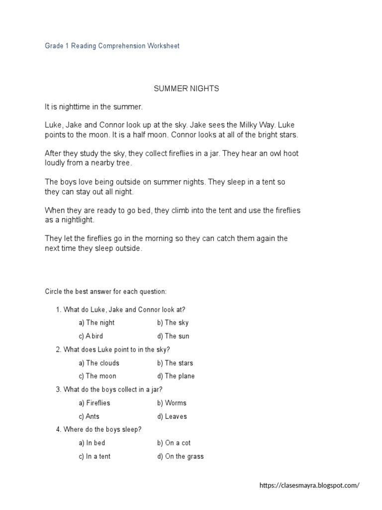 Grade 1 Reading Comprehension Worksheet | PDF