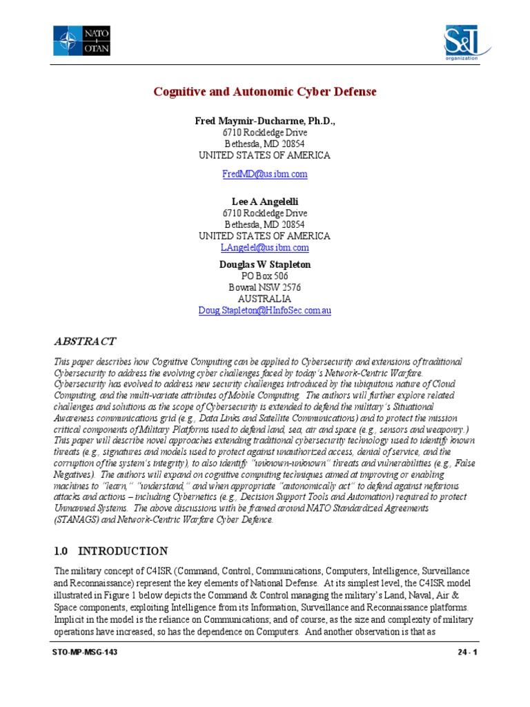 Cognitive and Autonomic Cyber Defense | PDF | Watson (Computer ...