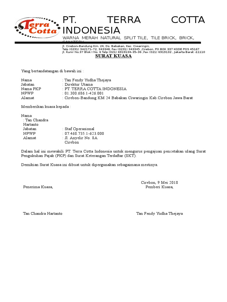 Surat Kuasa Mengurus Cetak Ulang PKP Dan SKT (TCI) | PDF