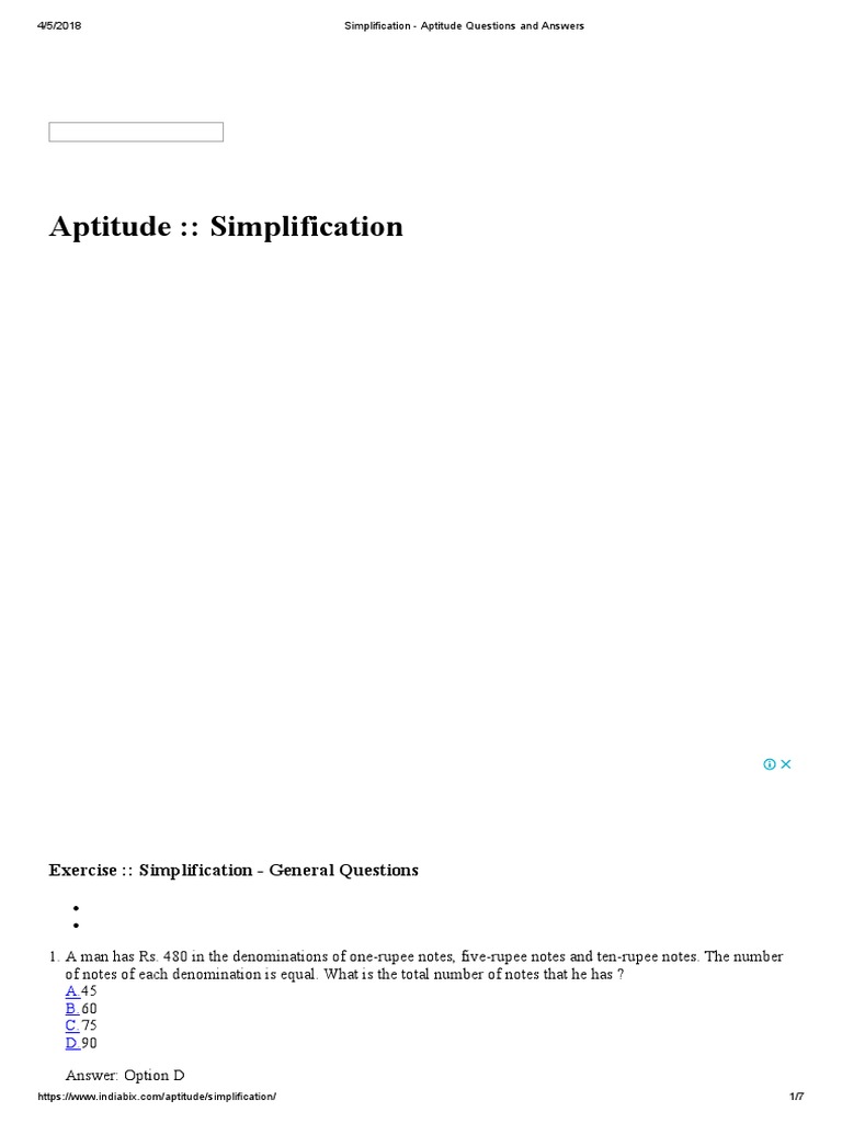 Aptitude:: Simplification: Exercise:: Simplification - General ...