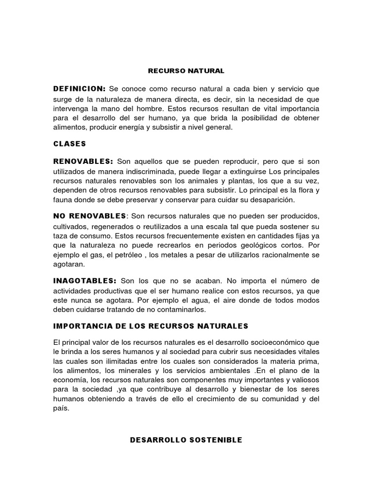Definición y Clases de Recursos Naturales | PDF | Desarrollo sostenible ...