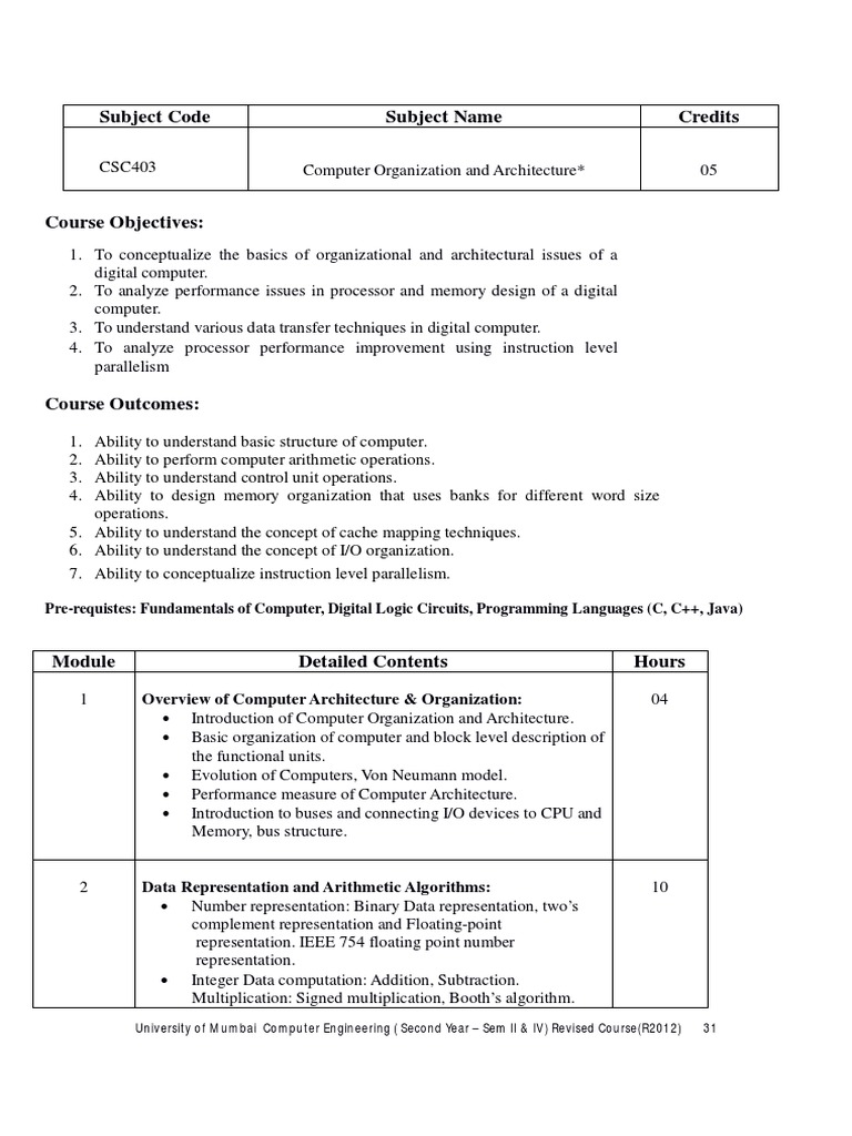 Subject Code Subject Name Credits: Overview of Computer Architecture ...