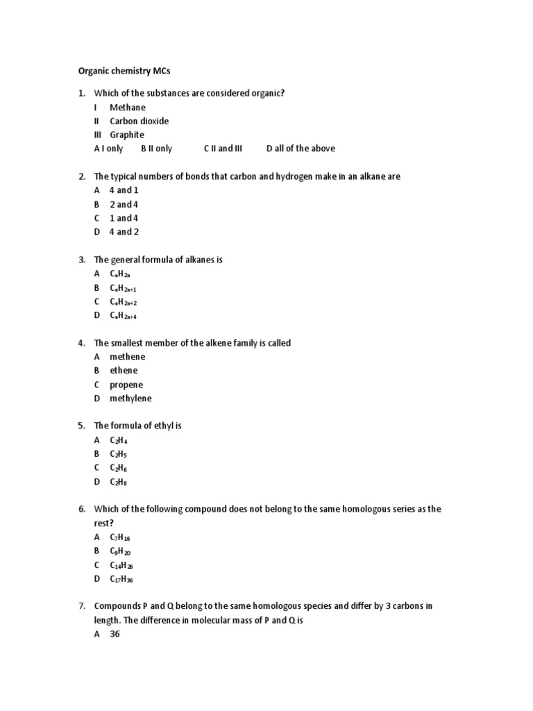 Organic Chemistry Multiple Choice Questions Covering Homologous Series ...
