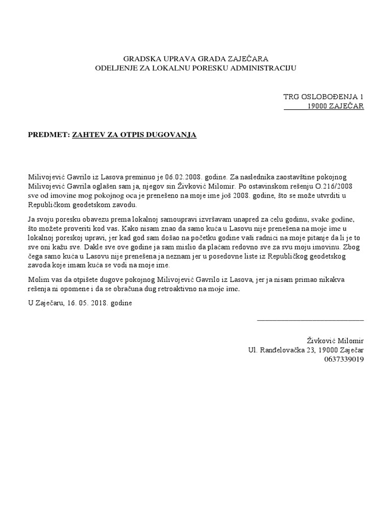 Zahtev Za Otpis Dugovanja | PDF