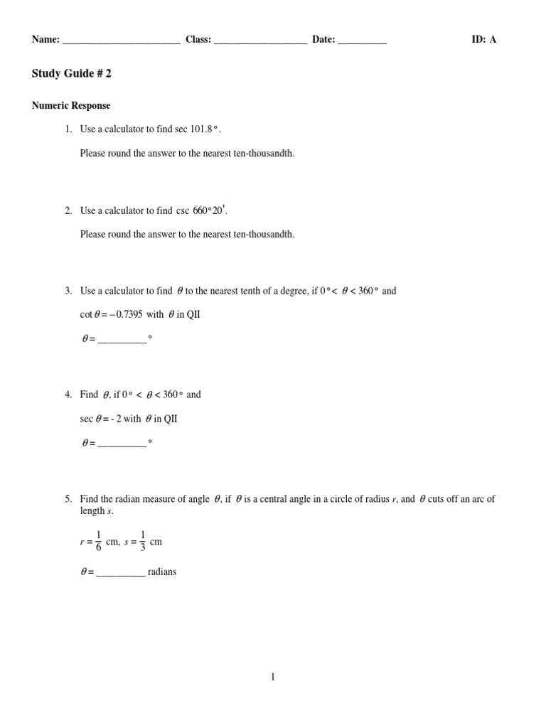 Trigonometry Study Guide 2 | Download Free PDF | Angle | Area