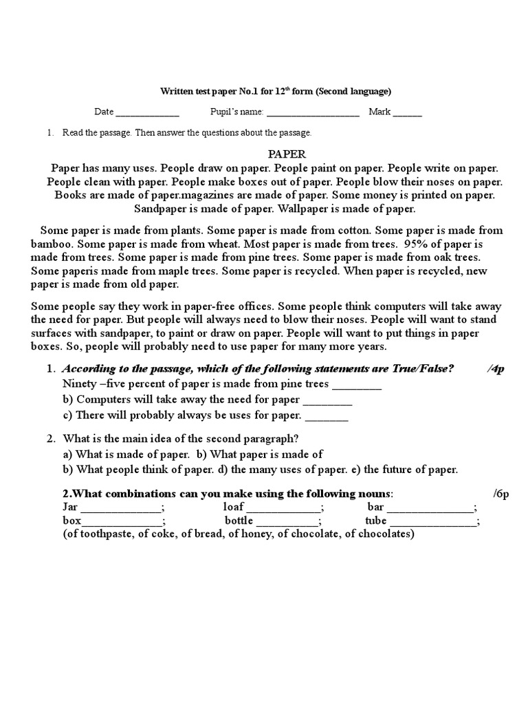 Written Test Paper No.1 For 12 Form (Second Language) | PDF | Paper