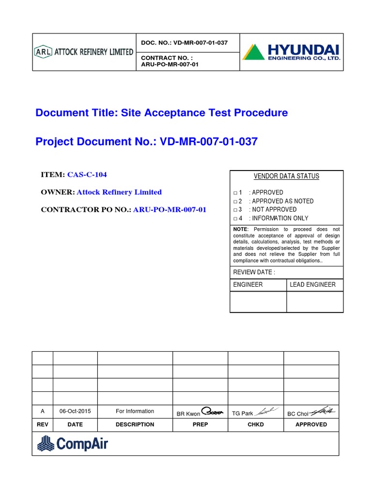 Site Acceptance Test Procedure for Air Compressor | PDF | Gases ...