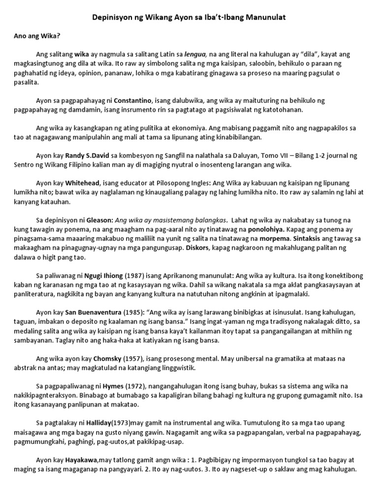 Depinisyon ng Wikang Ayon sa Iba’t-Ibang Manunulat: Ano ang Wika?