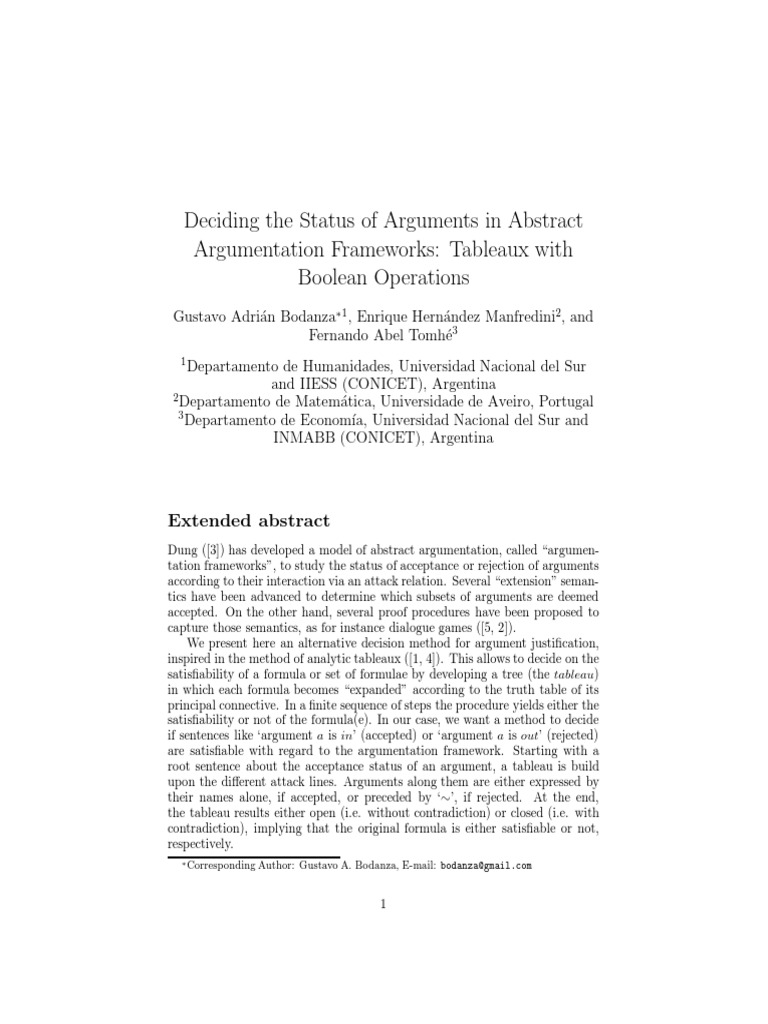 Deciding The Status of Arguments in Abstract Argumentation Frameworks: Tableaux With Boolean ...