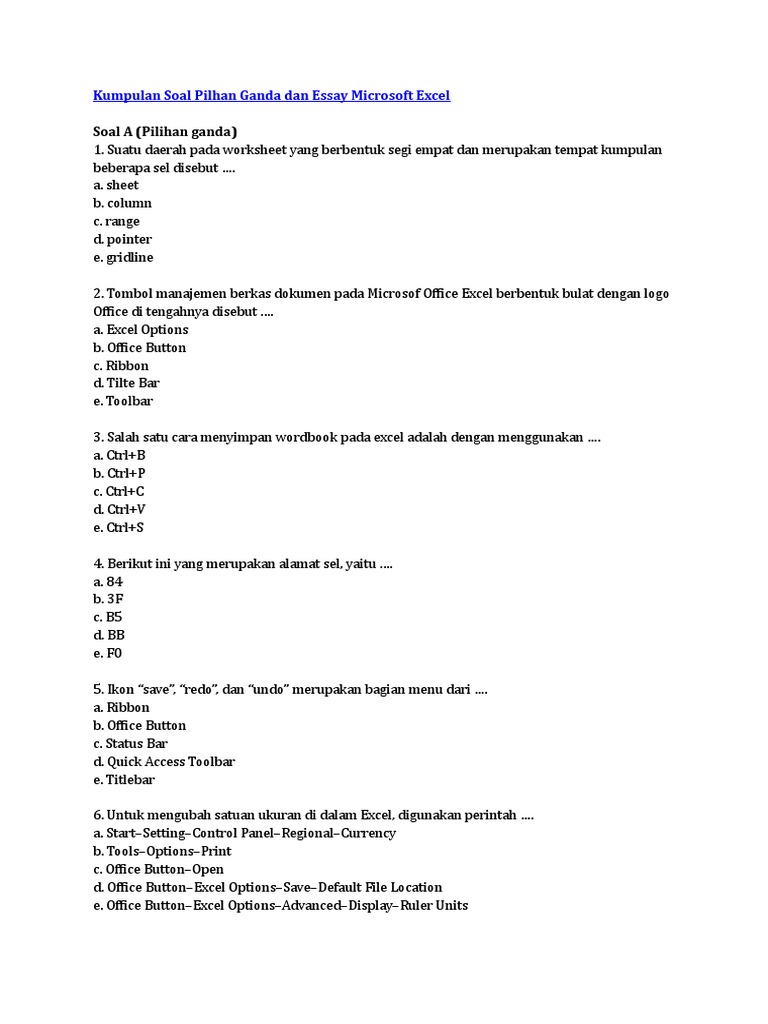 Kumpulan Soal Pilhan Ganda Dan Essay Microsoft Excel | PDF