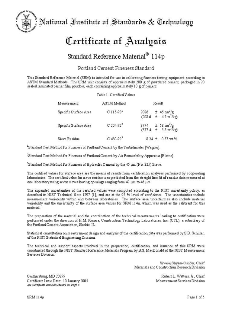 Certificate of Analysis: National Institute of Standards & Technology ...