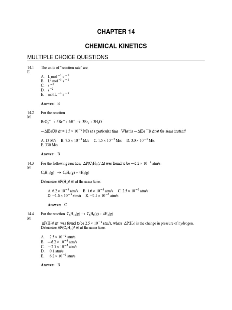 Multiple Choice Questions on Chemical Kinetics Rate Laws and Reaction ...