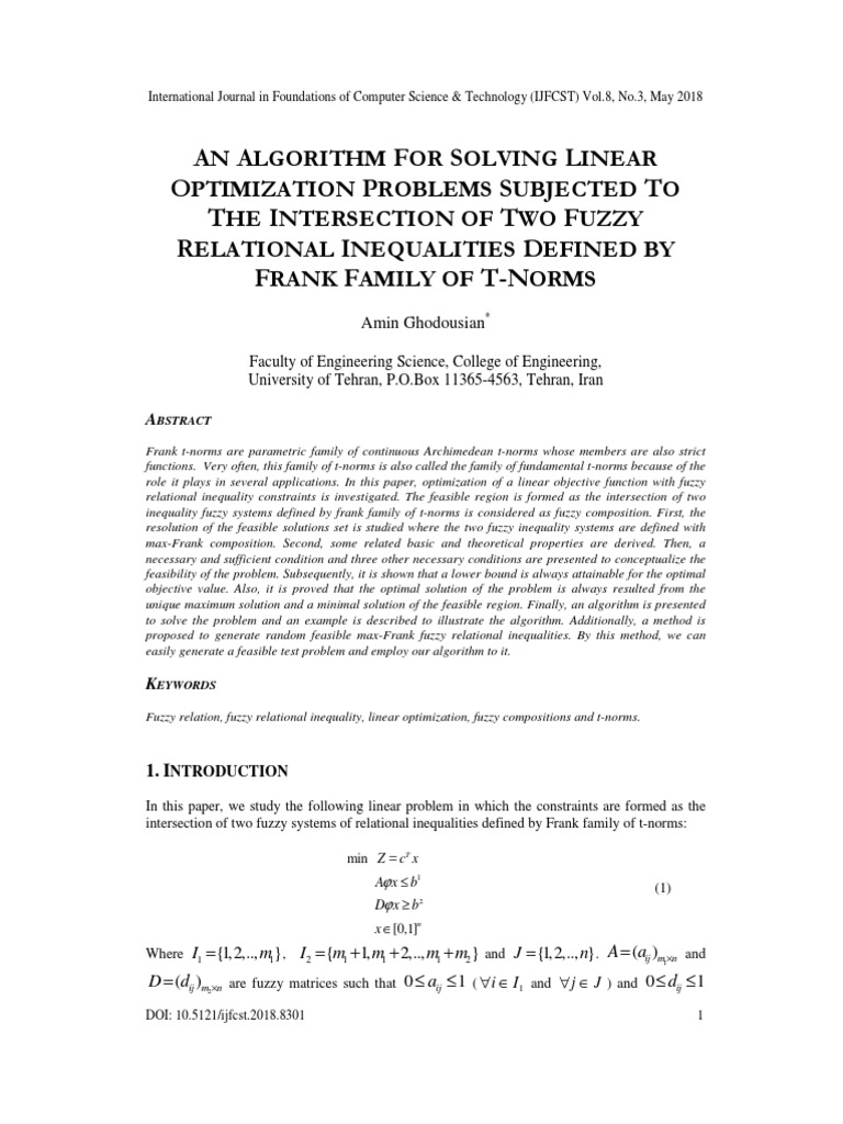 An Algorithm For Solving Linear Optimization Problems Subjected To The Intersection of Two Fuzzy ...