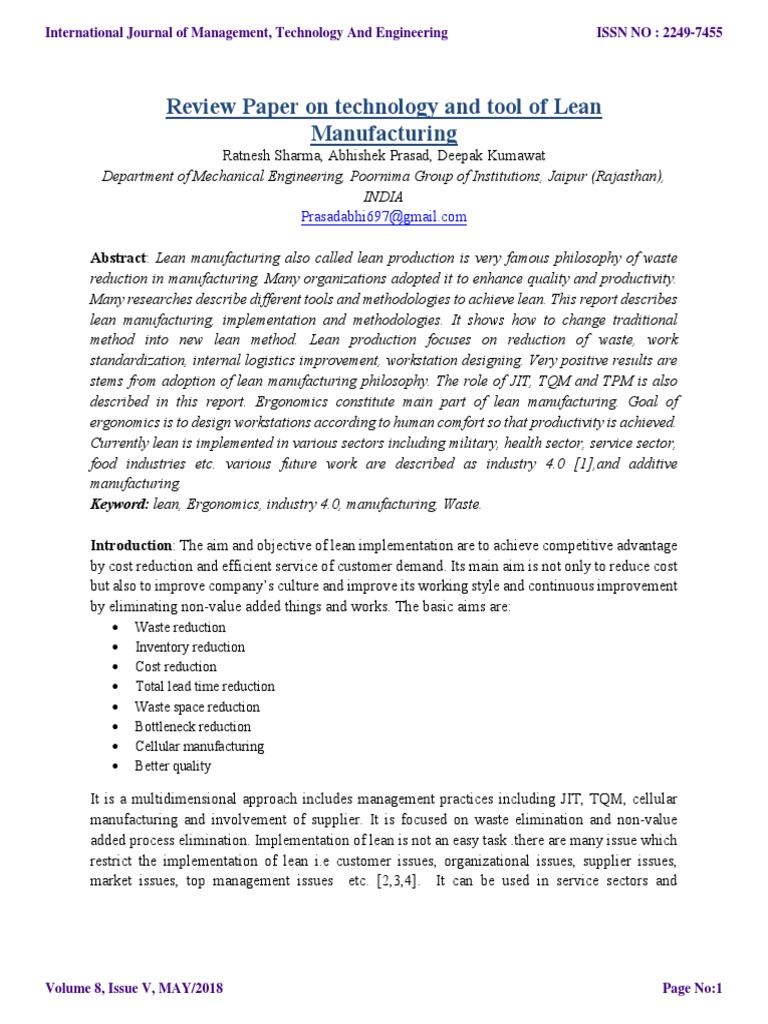 Review Paper On Technology and Tool of Lean Manufacturing HTTP://WWW ...