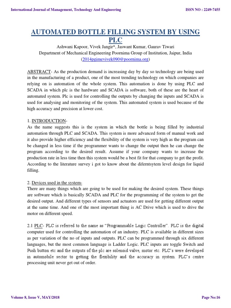 Automated Bottle Filling System by Using PLC | Download Free PDF ...