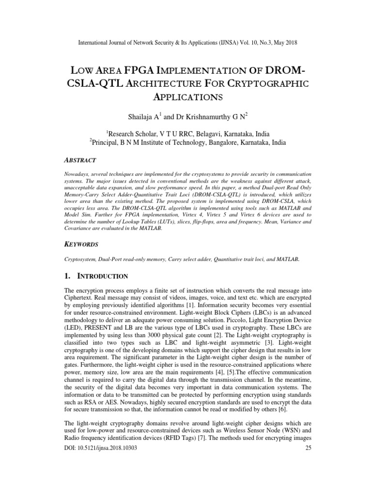 Low Area Fpga Implementation of Dromcsla-Qtl Architecture For Cryptographic Applications | PDF ...