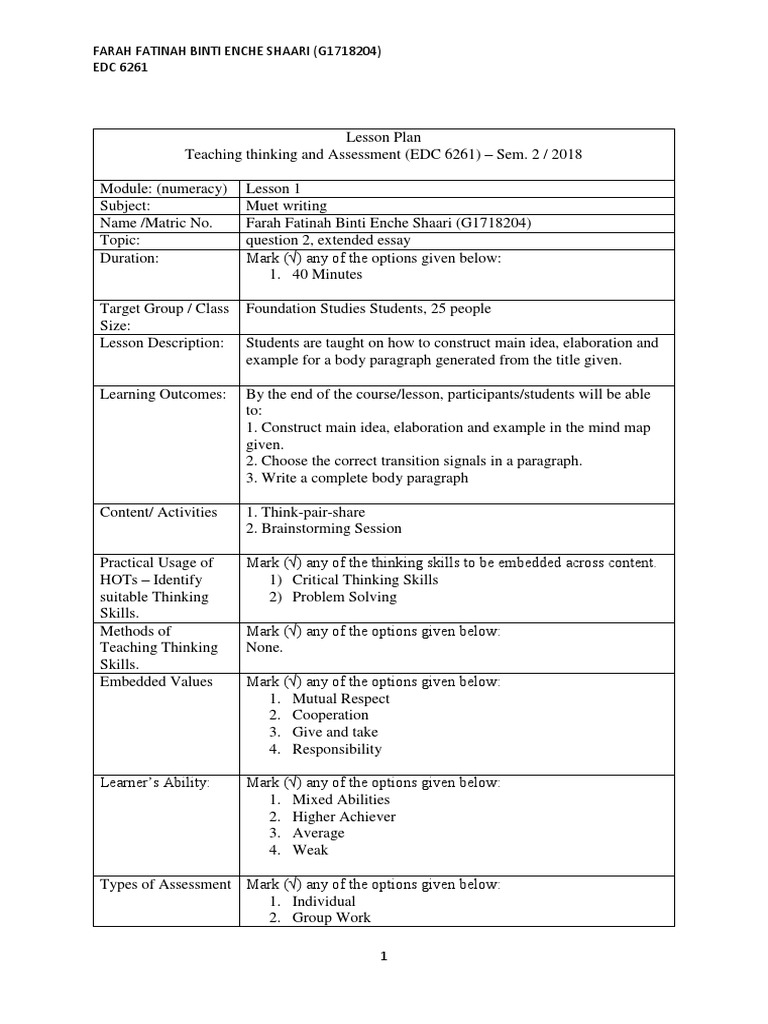 Lesson Plan 1 TT | PDF | Lesson Plan | Educational Assessment