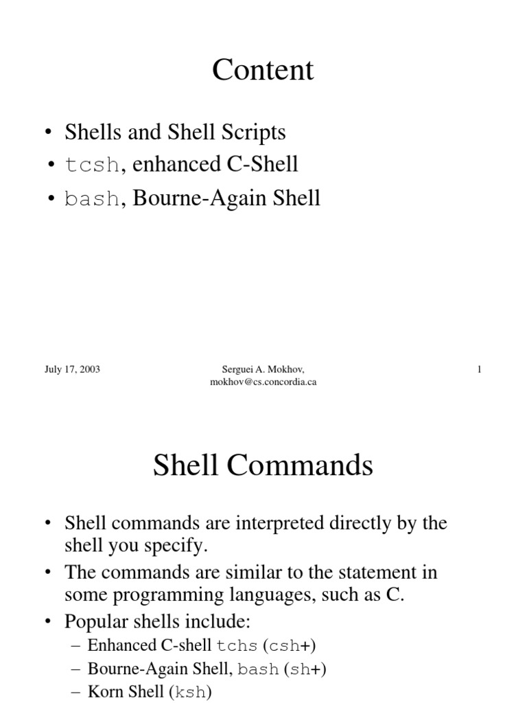 Content: - Shells and Shell Scripts - TCSH, Enhanced C-Shell - Bash, Bourne-Again Shell | PDF ...