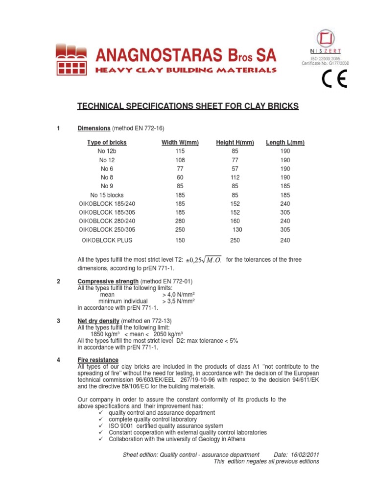 Technical Specifications Sheet For Clay Bricks | PDF | Brick | Engineering Tolerance