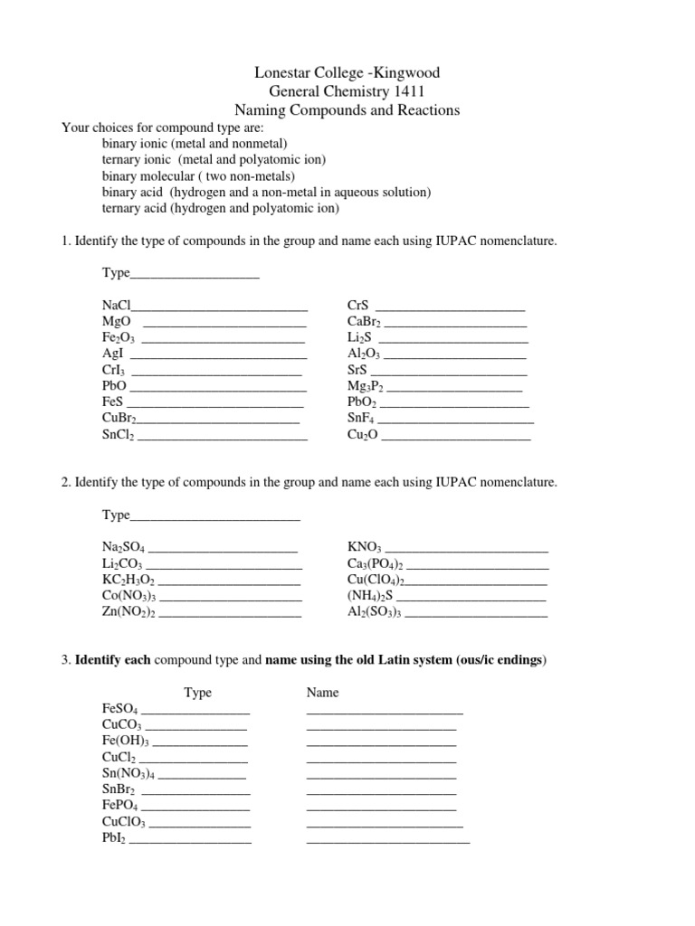 Lonestar College - Kingwood General Chemistry 1411 Naming Compounds and ...