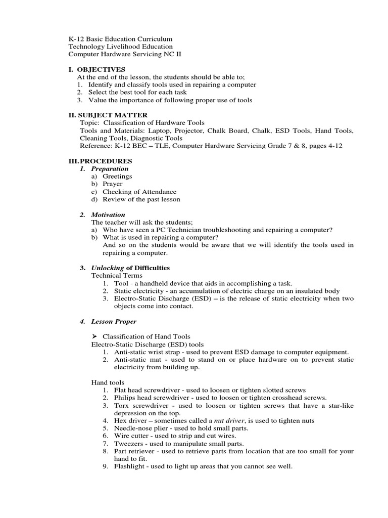 Lesson Plan - ICT Use of Hand Tools | PDF | Electrostatic Discharge ...