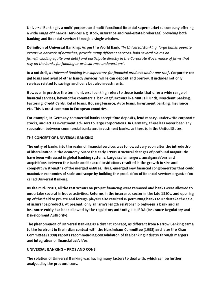 Definition of Universal Banking: As Per The World Bank, "In Universal ...